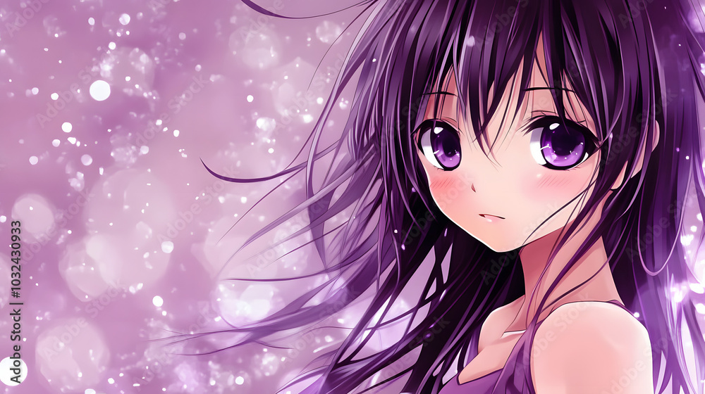 Portrait of an Anime girl with purple hair, beautiful female cartoon charackter, illustration ...