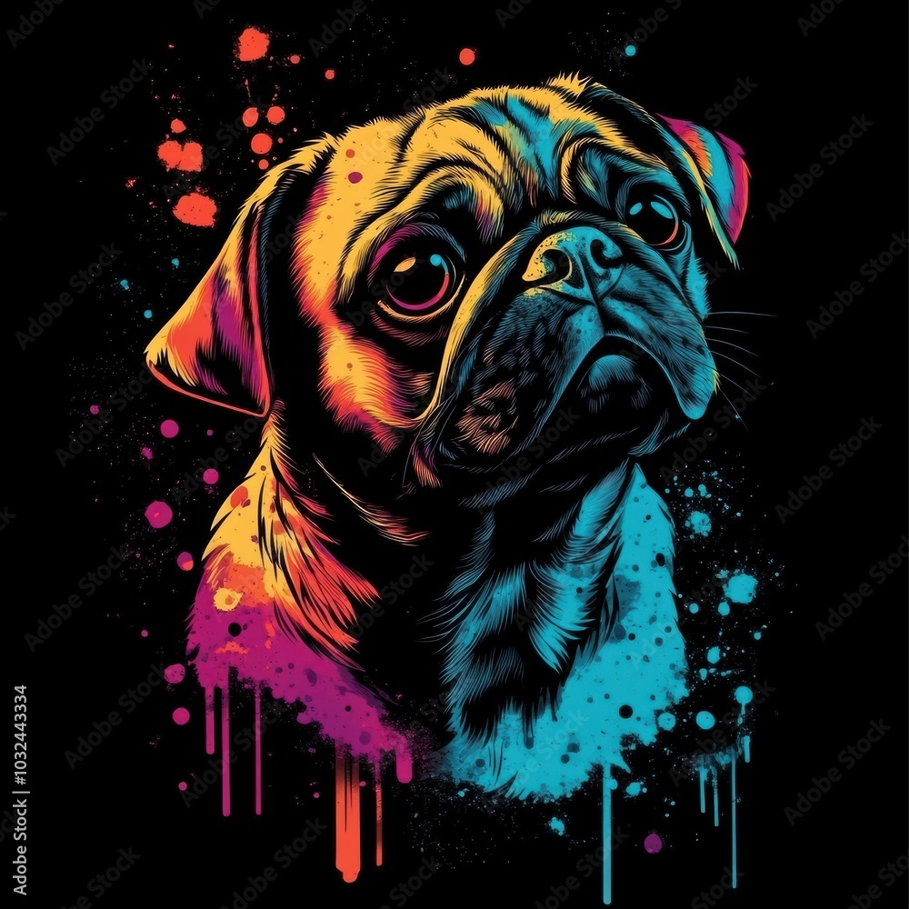 Colorful pug portrait on black background Stock Illustration | Adobe Stock