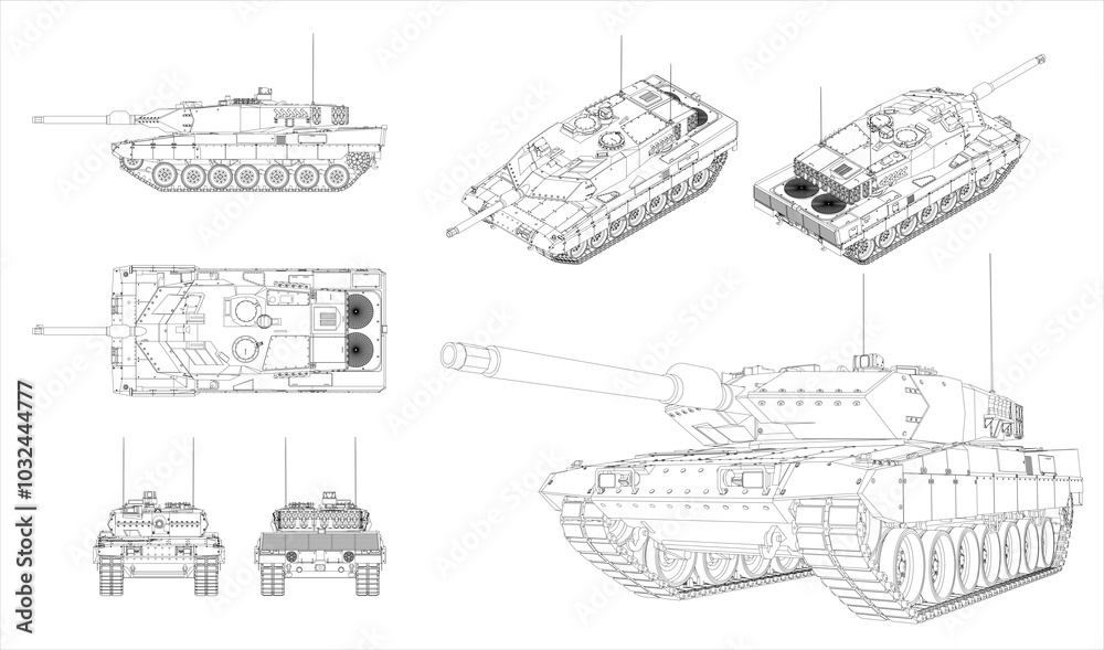 German battle tank of the second generation. Four projections, isometry ...