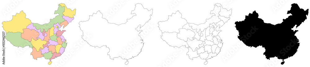 China administrative map, China outline and provinces country map set ...
