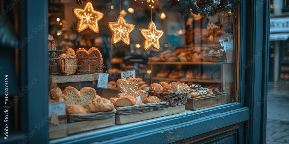 Cozy bakery window display with warm lighting, featuring a variety of ...