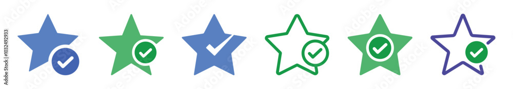 Star with checkmark icons in blue and green color, check mark icon ...