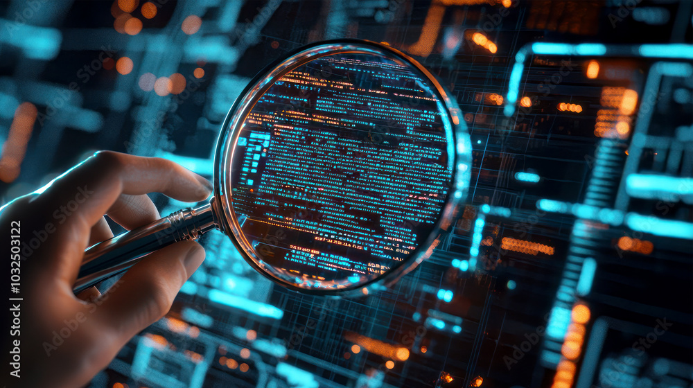 Male hand holding magnifying glass over digital code interface. Data ...