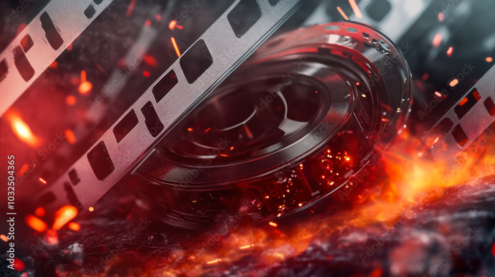 Film reels twist through red smoke, creating a dramatic visual ...