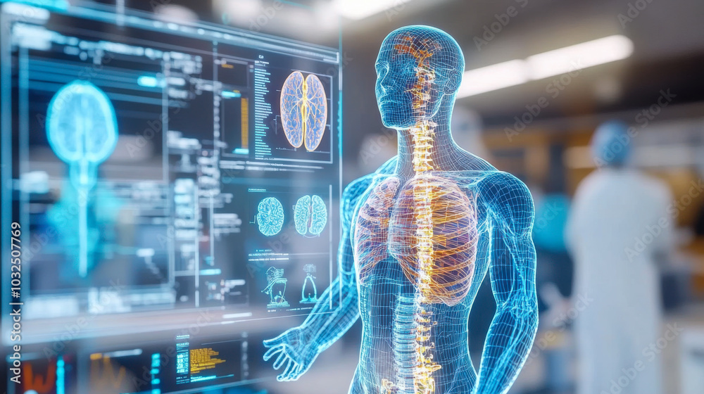 A digital human anatomy display showcasing internal organs and systems ...