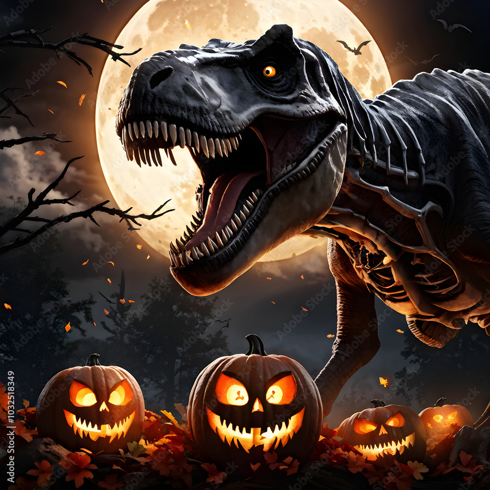 Tyrannosaurus rex T-rex dinosaur with Jack O Lantern Halloween Pumpkins ...