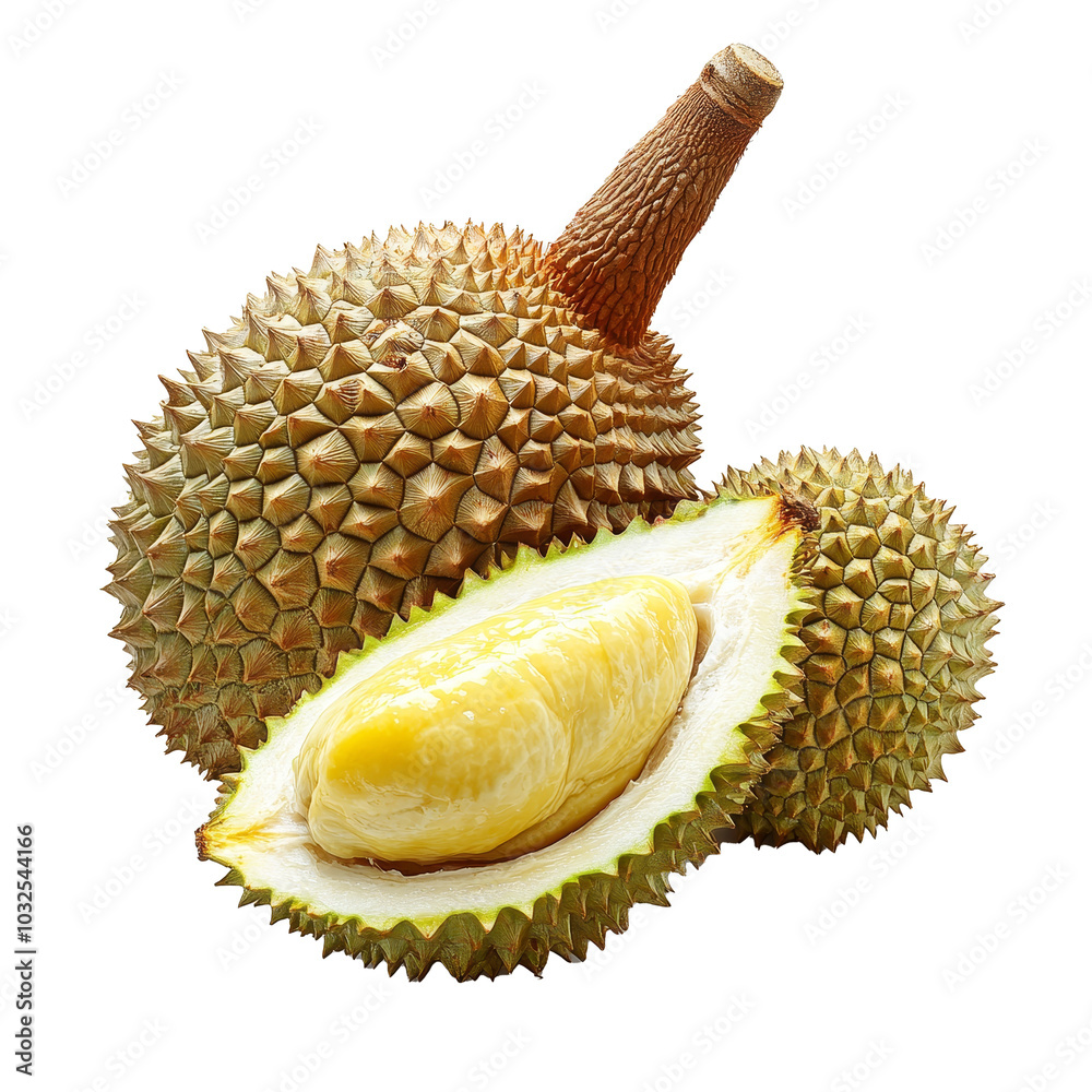 Fresh durian fruit split open revealing creamy flesh on a transparent ...