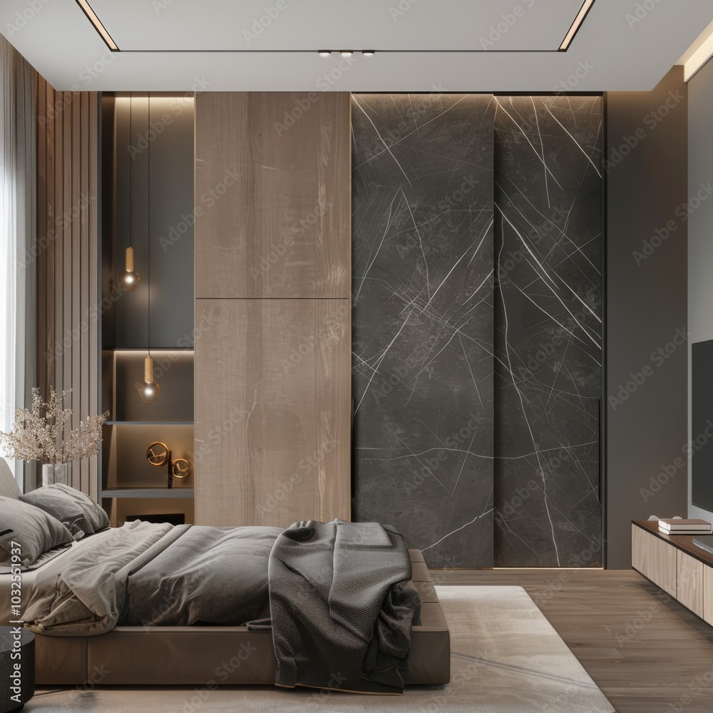 Wooden wardrobe with black marble doors in scandinavian style interior ...