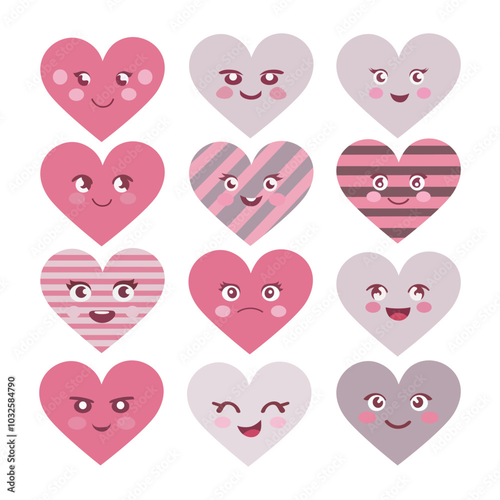 Vector Heart Emoticons. A set of 12 hearts with faces depicting ...