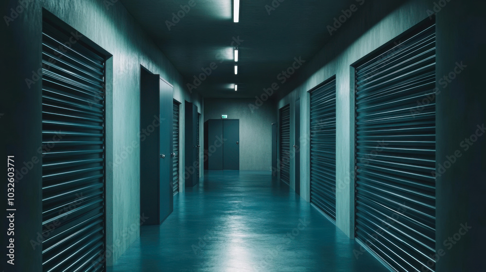 Dimly lit storage unit corridor with rolling doors at night, showcasing ...