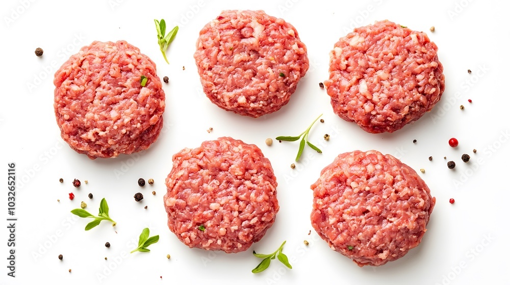 Realistic spread of uncooked ground beef formed into burger patties on ...