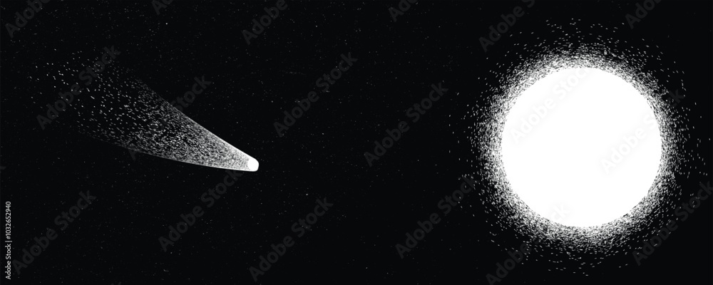 Star and comet tail in outer space. Futuristic landscape, with noise ...