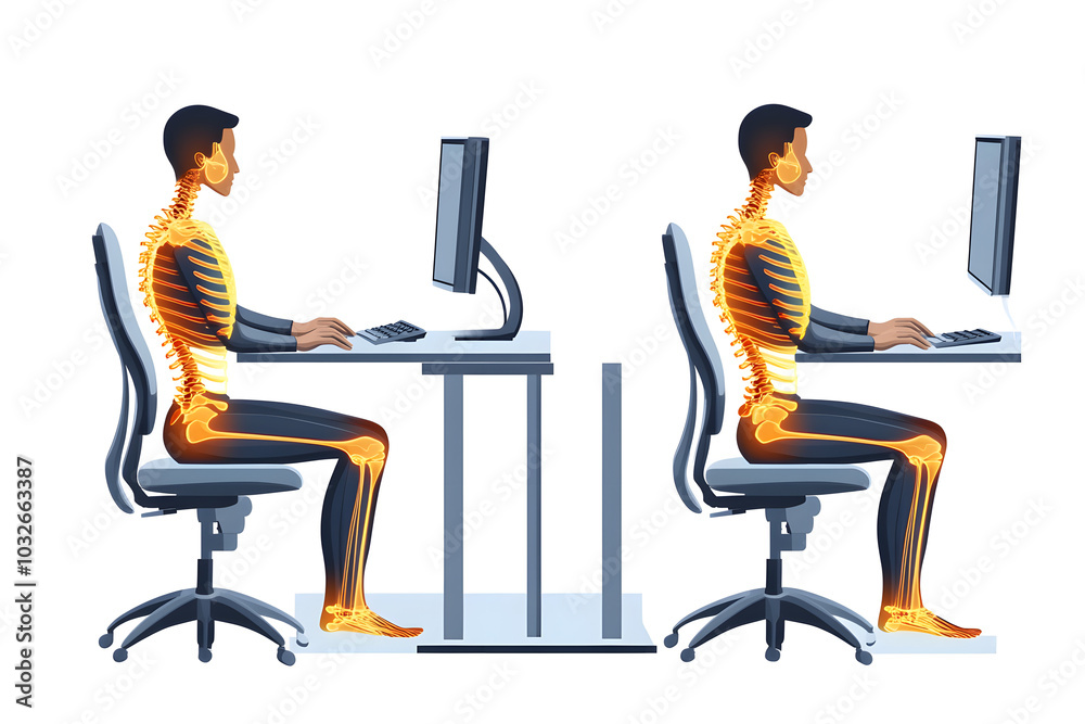 Correct vs incorrect sitting posture, spine alignment illustration ...