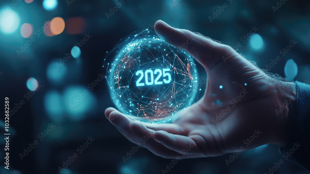 Hand holding futuristic digital sphere with 2025 for technology and ...