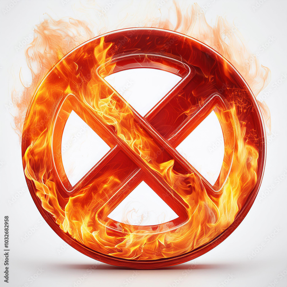 Flaming 3D no entry symbol with intense flames, white background ...