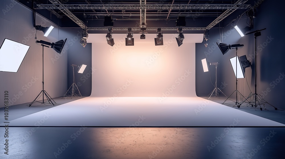 Minimalist studio with smooth grey floor and white cyc wall ...