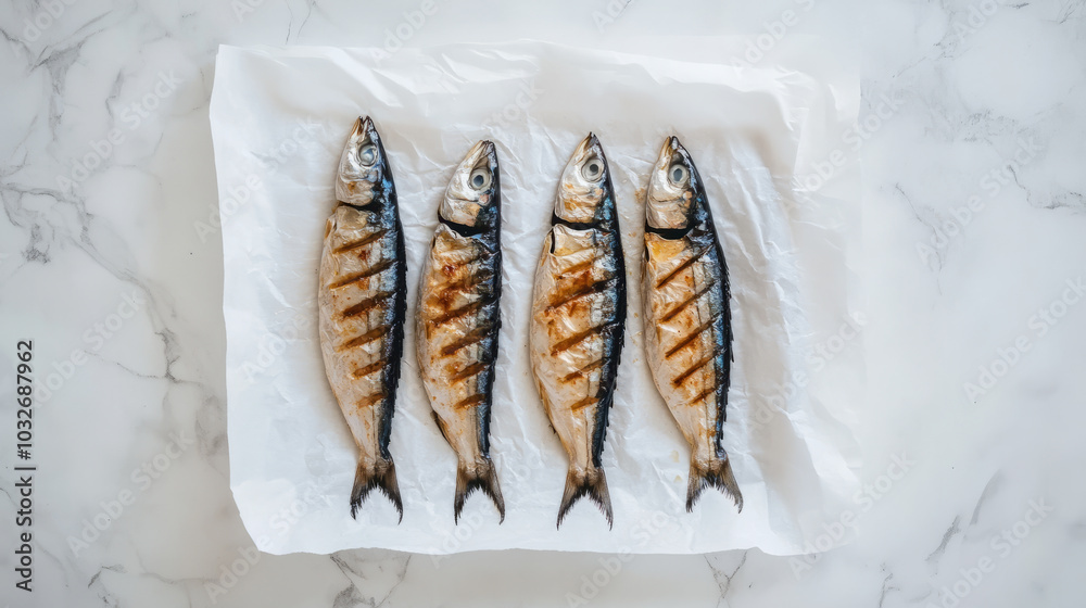 Grilled whole mackerel fish arranged on parchment paper over a marble ...