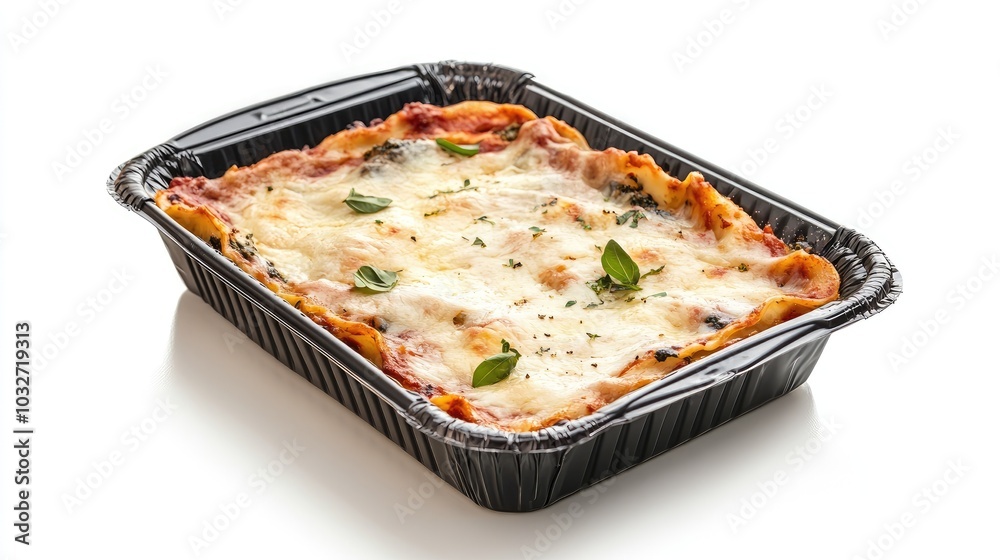 Popular frozen lasagna in sleek packaging, isolated on a white ...