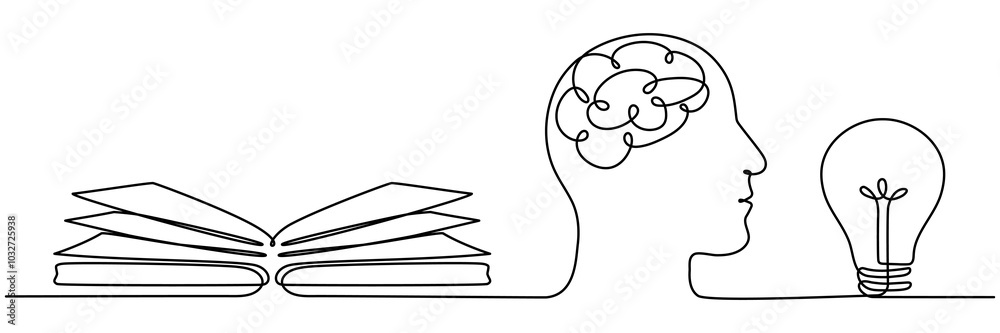 Open book, head with brain and light bulb continuous line drawing ...