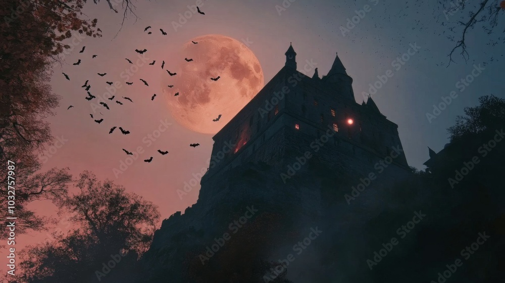 Spooky old medieval castle: Ancient eerie castle on mountain, swarm of ...