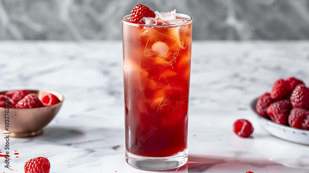 refreshing raspberry lemonade with ice in a tall glass. the glass is placed on a marble table ...
