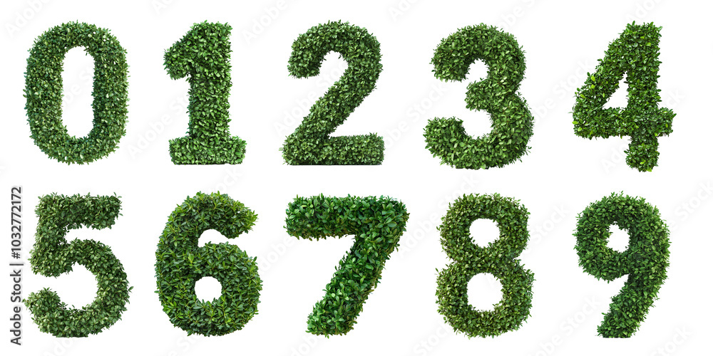 Green hedge set shaped like the numbers zero, one, two, three, four ...