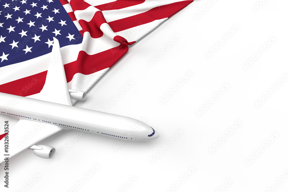 White airplane taking off over USA flag on transparent background ...