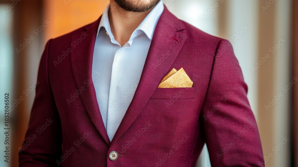 Burgundy suit jacket with a gold pocket square draped over a chair ...