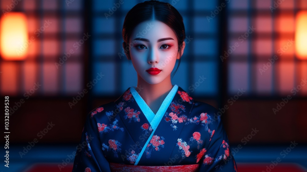 Traditional geisha seated in a tatami room, performing a tea ceremony ...
