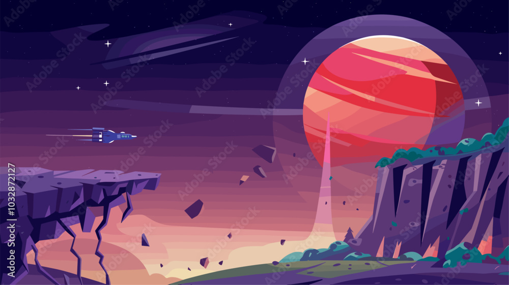 Fantastic landscape with rock ledge, stars and big alien planet in ...