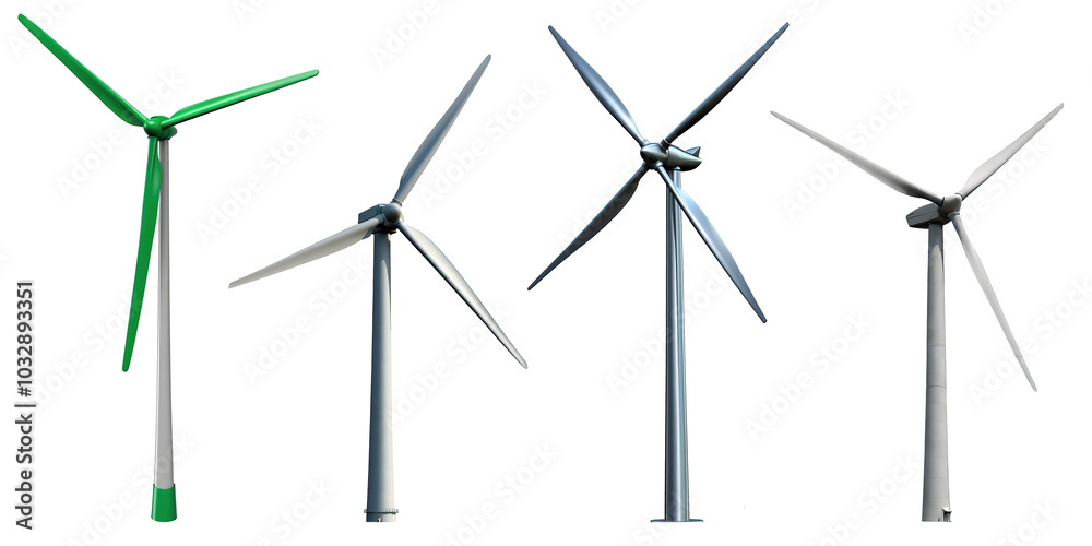 Set of wind turbines of different types on white or transparent ...