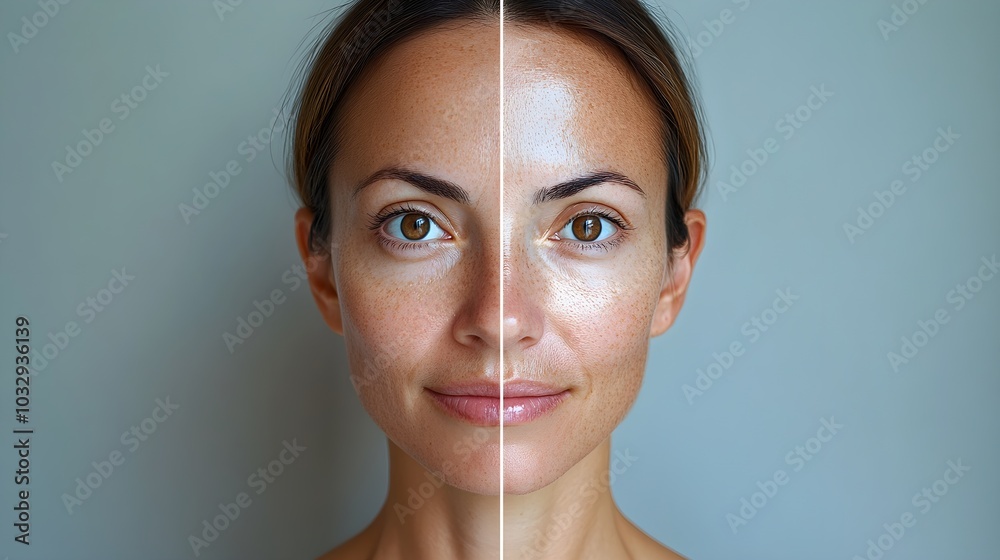 Aging woman's face with fine lines and texture transforming into a ...