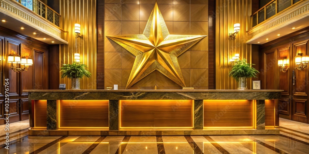 Luxurious Golden Five-Pointed Star Decoration at Hotel Reception Desk ...