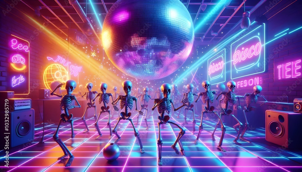 retro-themed disco party where 3d rendered skeleton cartoons are ...