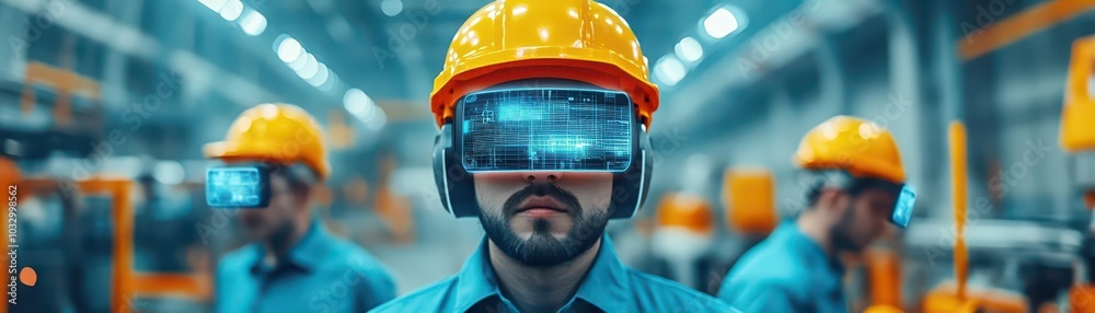 Factory workers using augmented reality for machine maintenance, 3D ...