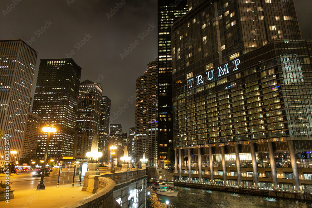 Chicago, IL USA - September, 2024: The Trump tower building at night in ...