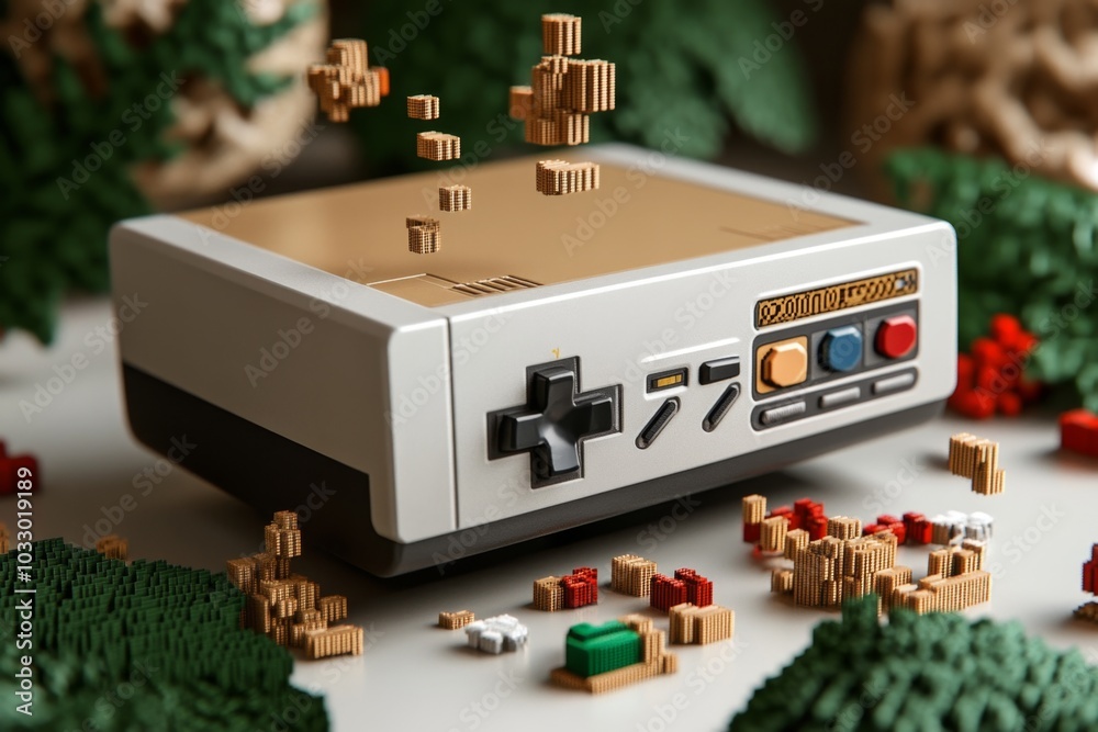 Pixel art of a retro gaming console, with animated pixels flowing from ...