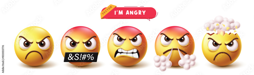 Emoji angry icon characters vector set. Emojis emoticon in mad, cruel ...
