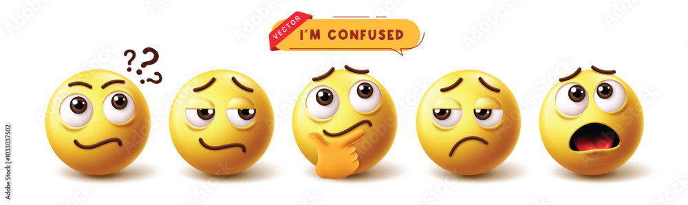 Emoji confused emoticon characters vector set. Emoticons thinking ...