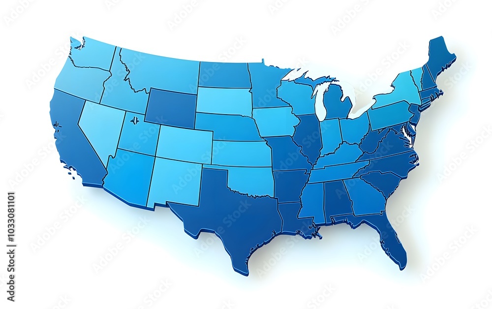 3D map of the United States with each state in different shades of blue ...