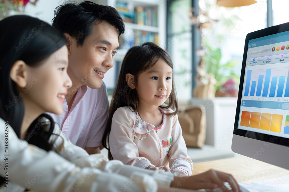 Parents using chart to track screen time, daughter watching, learning ...