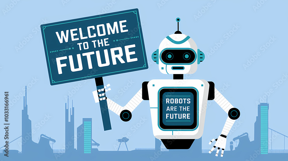 Robot Holding Sign with Welcome to the Future Text, Circular Body ...
