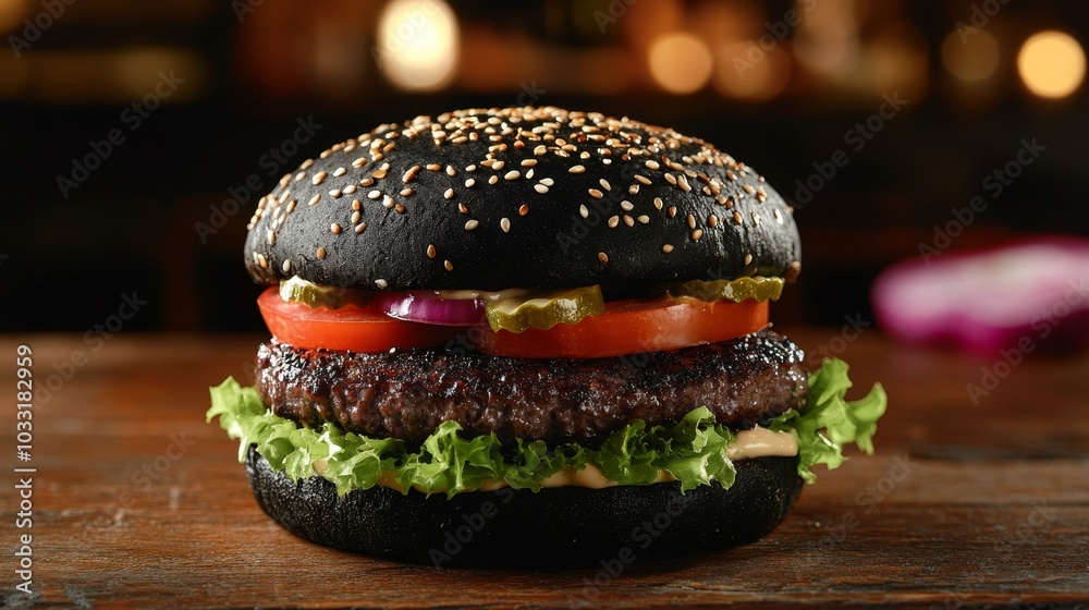 Bird's eye view of a black sesame seed burger, crisp vegetables, juicy ...