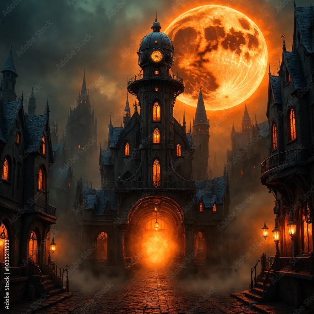 Gothic Town Under Blood Moon Fantasy Architecture Clock Tower Night Sky ...