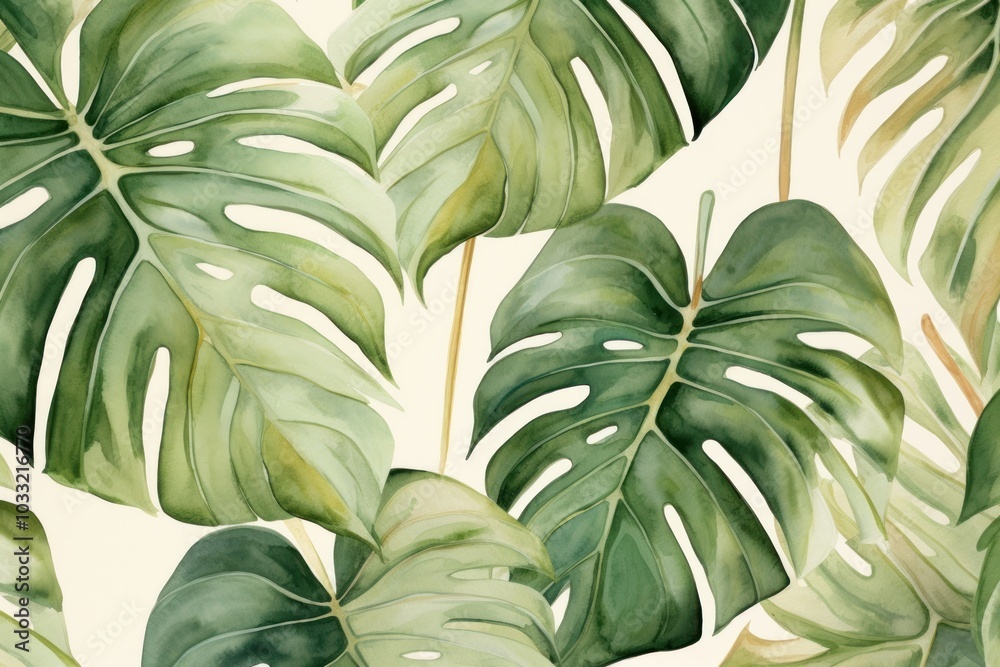 Monstera leaves watercolor background green backgrounds plant. Stock ...