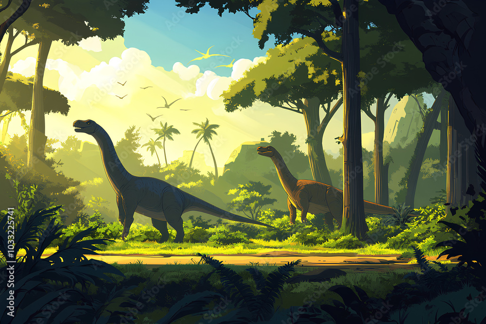 Prehistoric dinosaurs roaming forest with wildlife in background ...