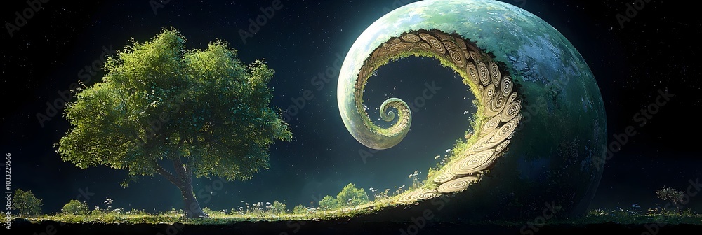 Fibonacci spiral overlaying natural patterns such as seashells and flower petals symbolizing the ...