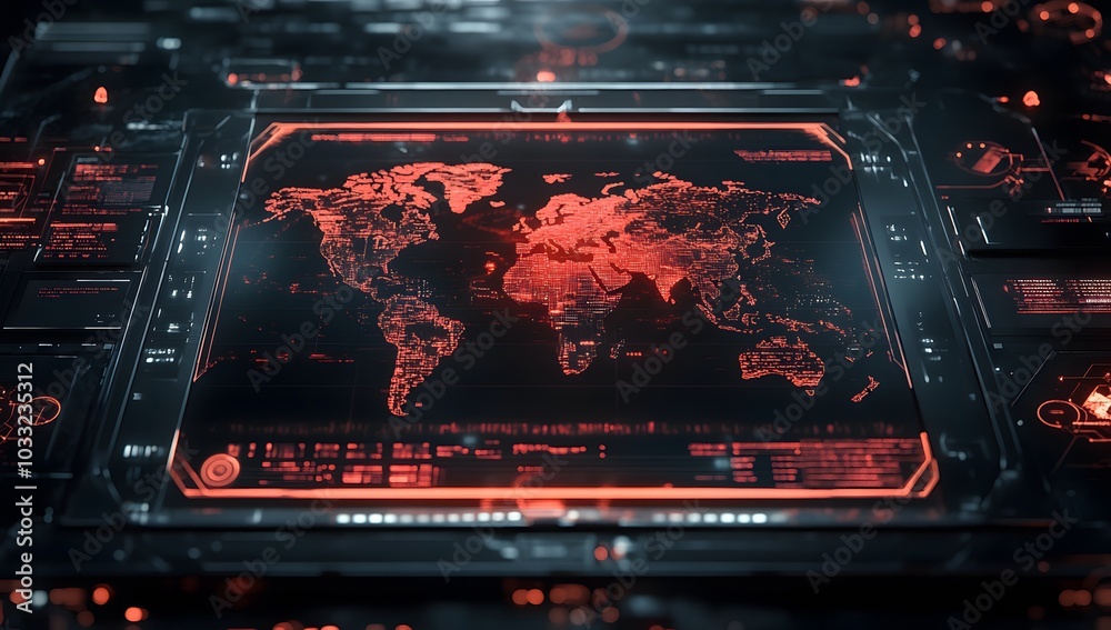 Cinematic shot of a futuristic screen with a digital world map, a ...