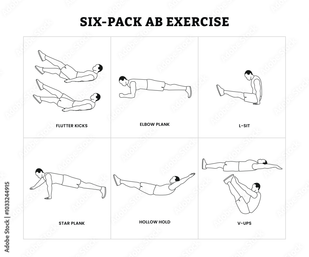 Set of six pack abs exercise step by step guide for a home workout ...