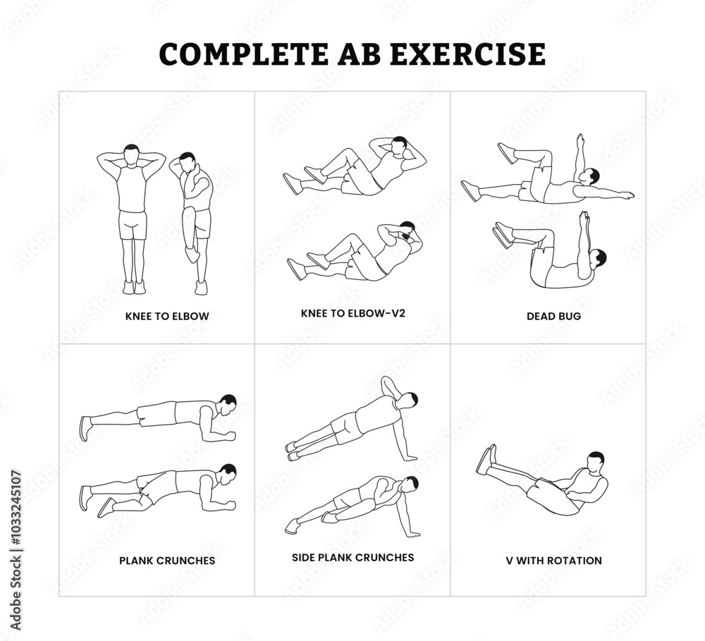 Set of complete abs exercise step by step guide for a home workout ...